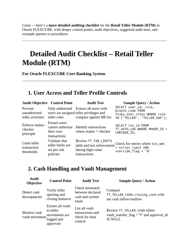 Retail Teller Module Audit Checklist | PDF | Audit