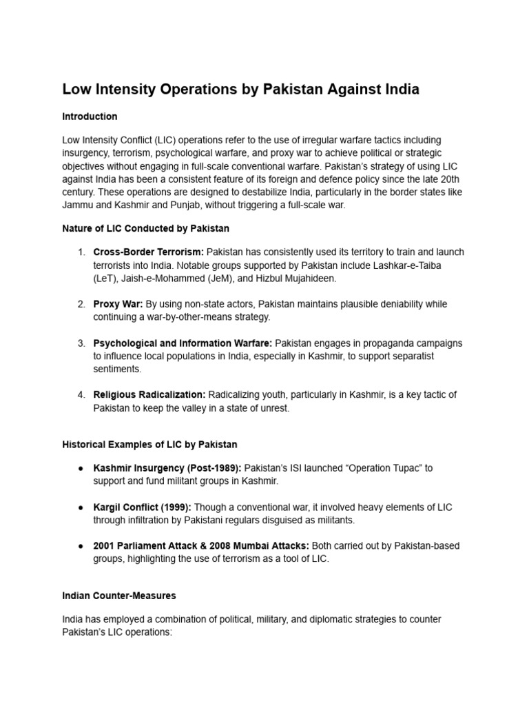 Low Intensity Operations by Pakistan Against India | PDF | Military ...