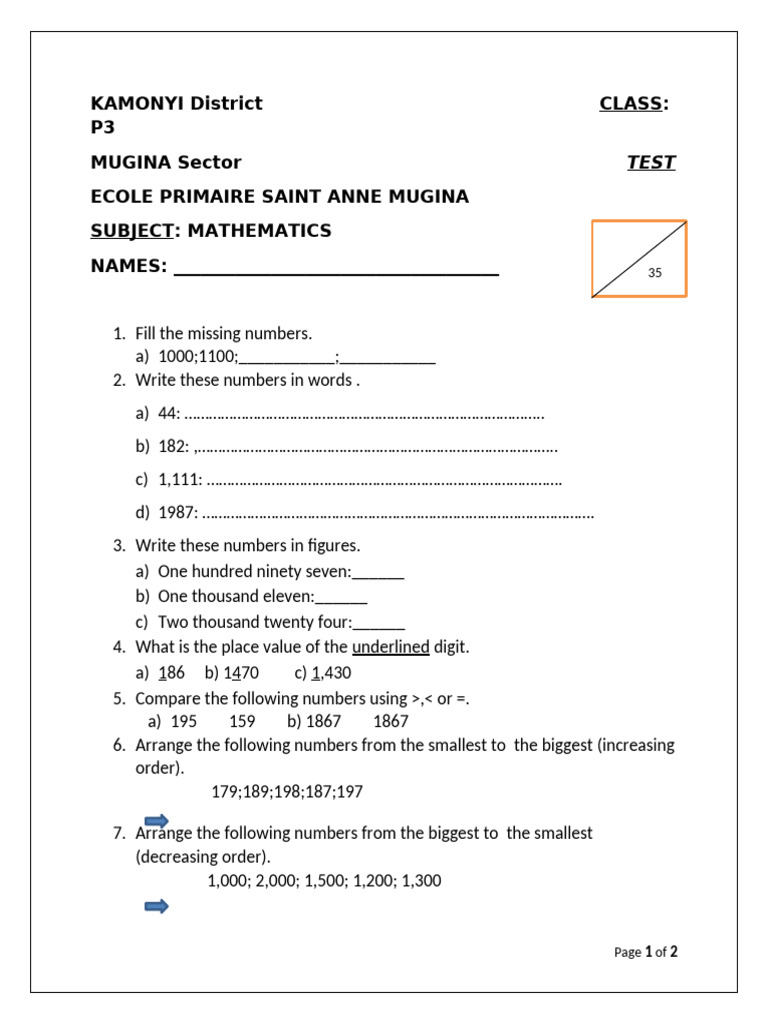Grade P3 Mathematics Test Document | PDF