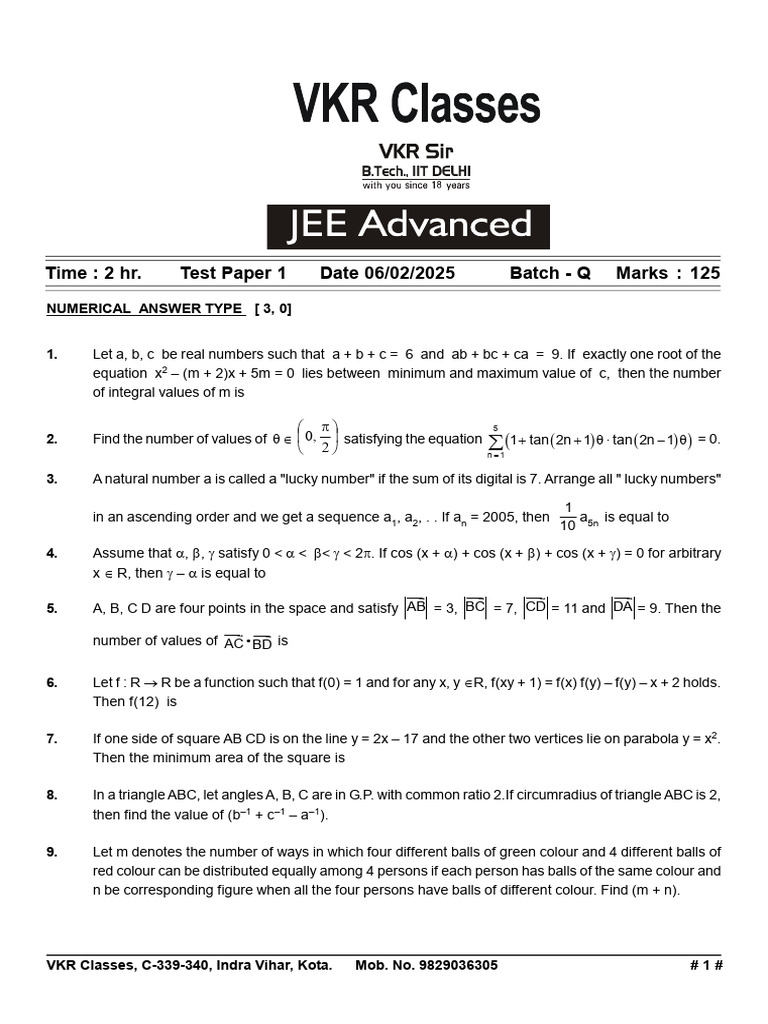 JEE Advanced 2025 Test Paper 1 | PDF | Ellipse | Triangle