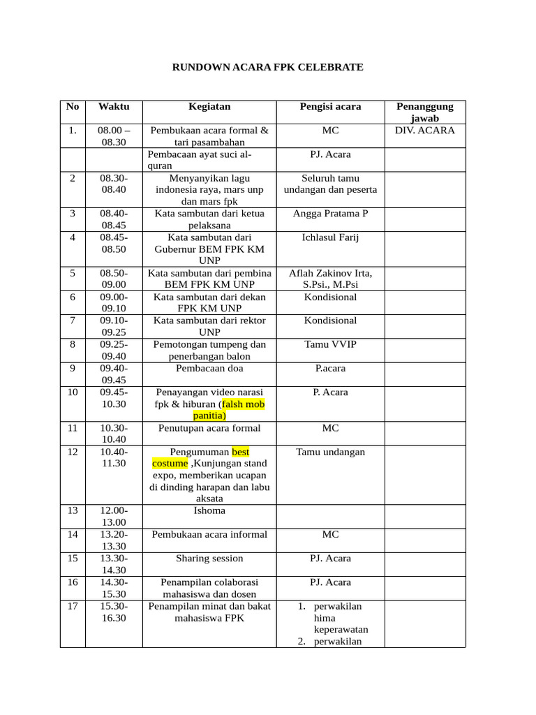 Rundown FPK Celebrate | PDF