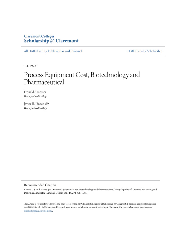 Process Equipment Cost Biotechnology and Pharmaceutical | PDF