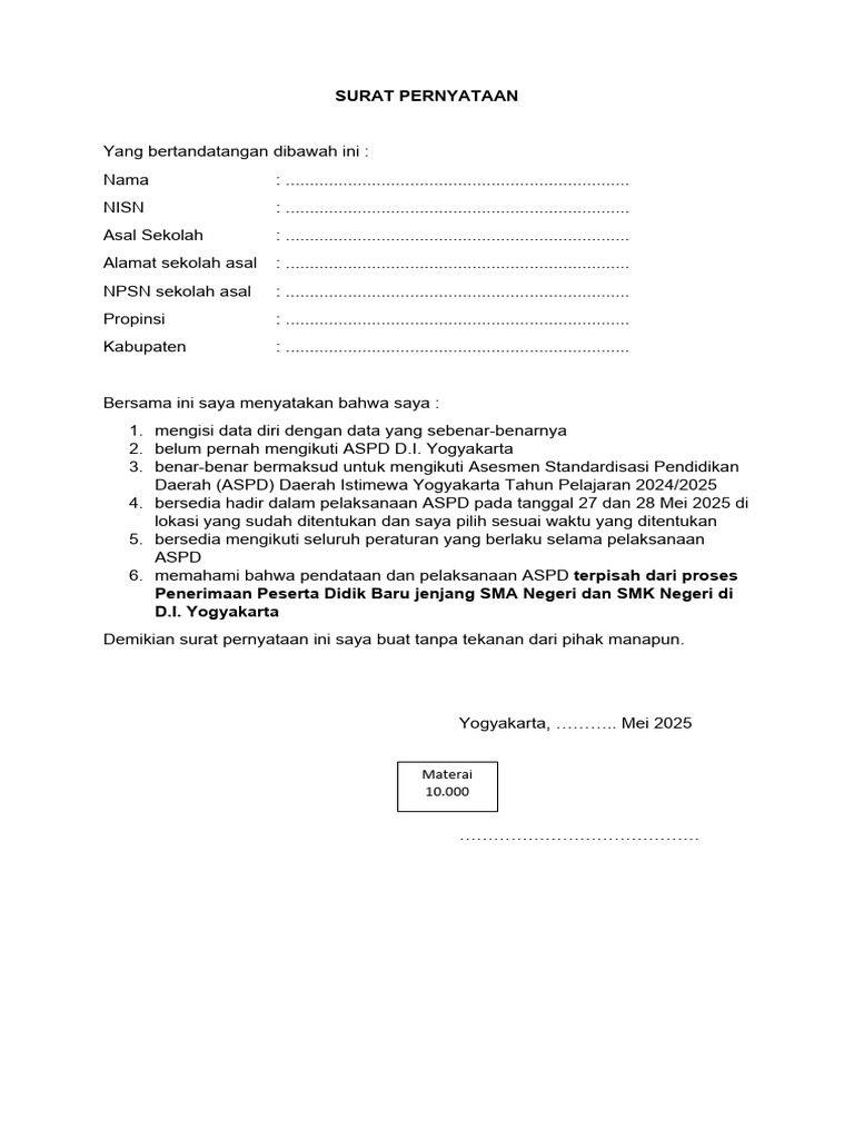 Surat Pernyataan ASPD Luar DIY 2025-Materai | PDF