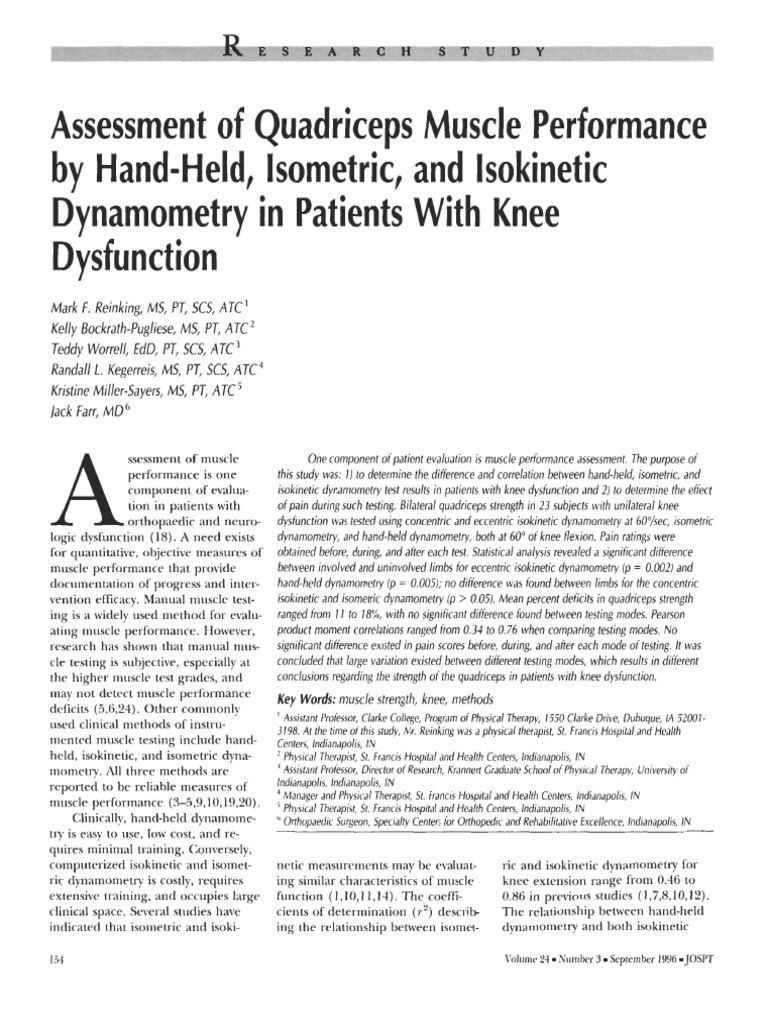 Bockrath Pugliese Et Al 1996 Assessment of Quadriceps Muscle Performance by Hand Held Isometric ...