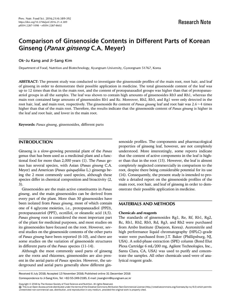 Comparison of Ginsenoside Contents in Different Parts of Korean Ginseng | PDF | High Performance ...
