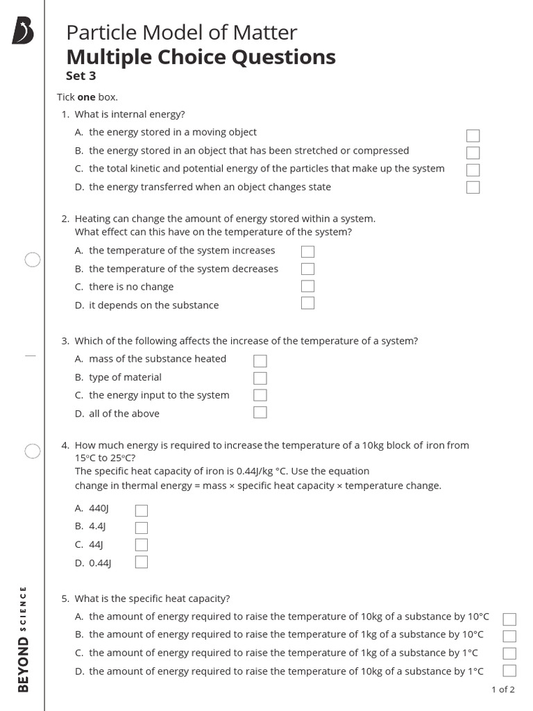 Particle Model of Matter Multiple Choice Questions Set 3 | PDF | Heat ...
