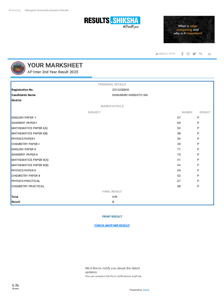Your Marksheet - Bieap Inter 2nd Year Result 2025 | PDF | Smartphone | Software