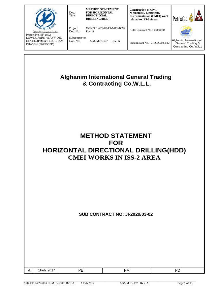 MS for Horizontal Directional Drilling - AG1 Rev A | PDF | Drilling | Subcontractor