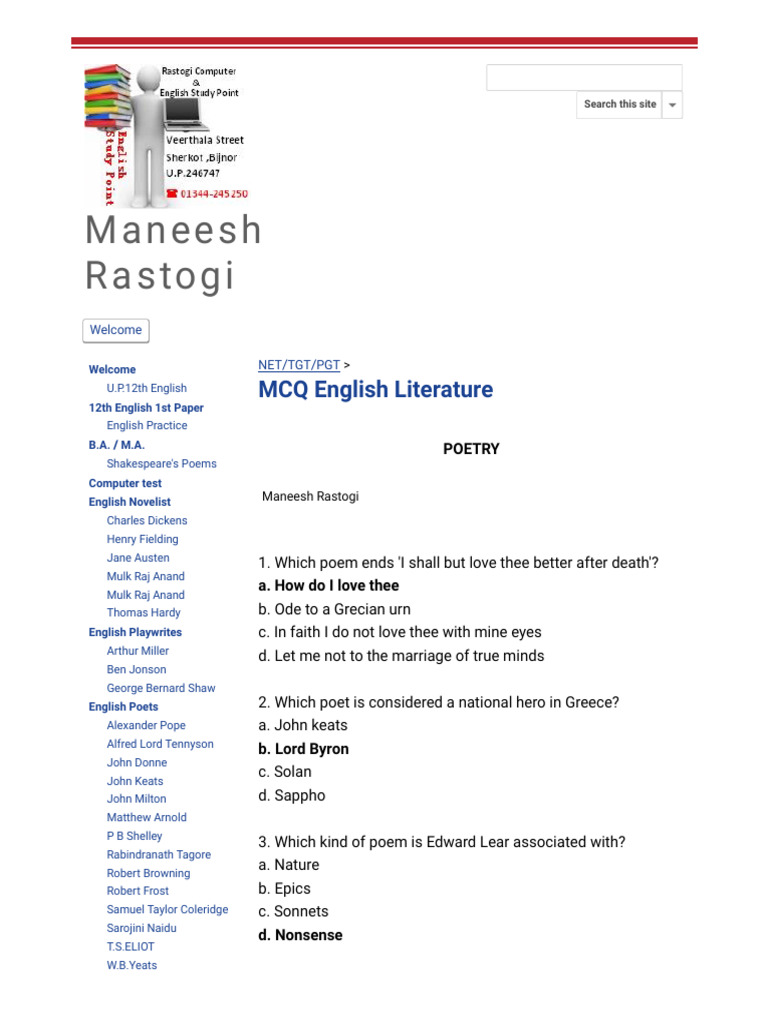 MCQ Eng Literature | PDF | Poetry | William Shakespeare