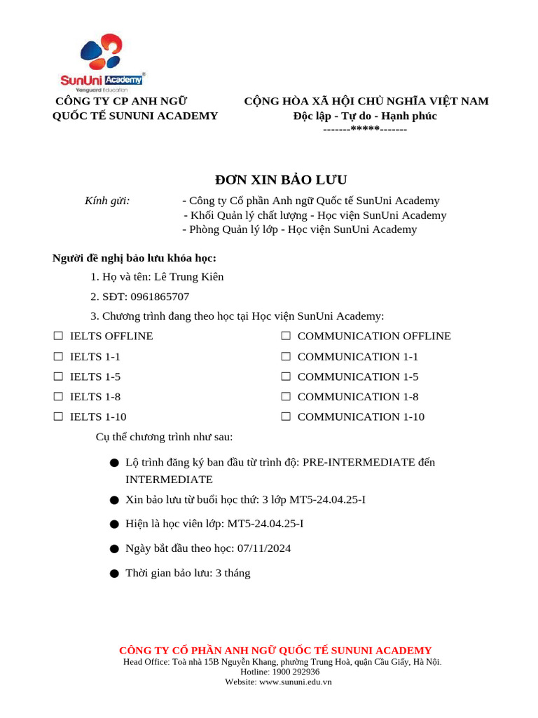 ĐƠN MẪU BẢO LƯU | PDF