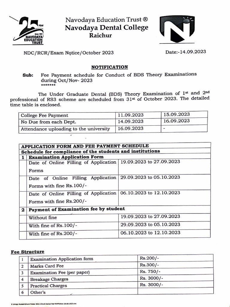 Notification for October Examination 1sr and 2nd BDS | PDF