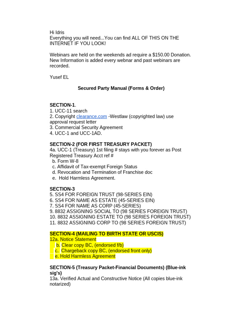 Yusef-El UCC Secured Party Creditor Outline | PDF | Affidavit | Banks