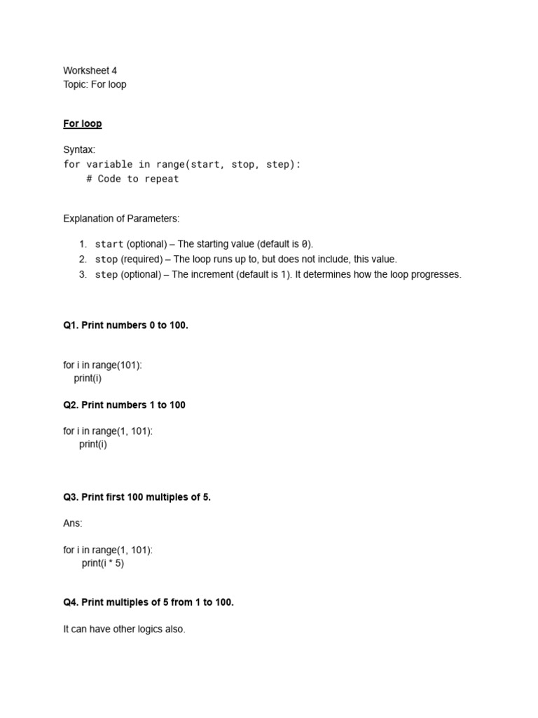 Worksheet 41 For Loop Basics | PDF
