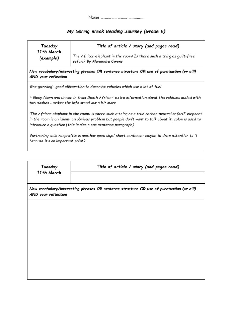 My Spring Break Reading Journey (Grade 8) | PDF | Linguistics | Grammar