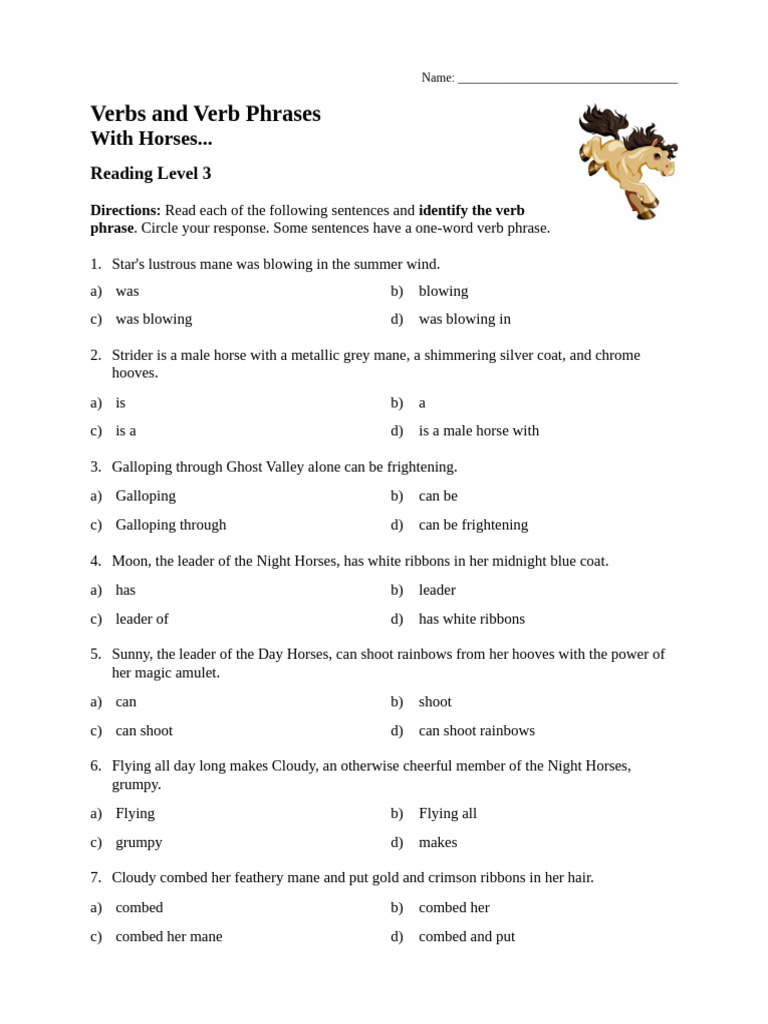Verbs and Verb Phrases Worksheets Reading Level 03 | PDF | Horses ...