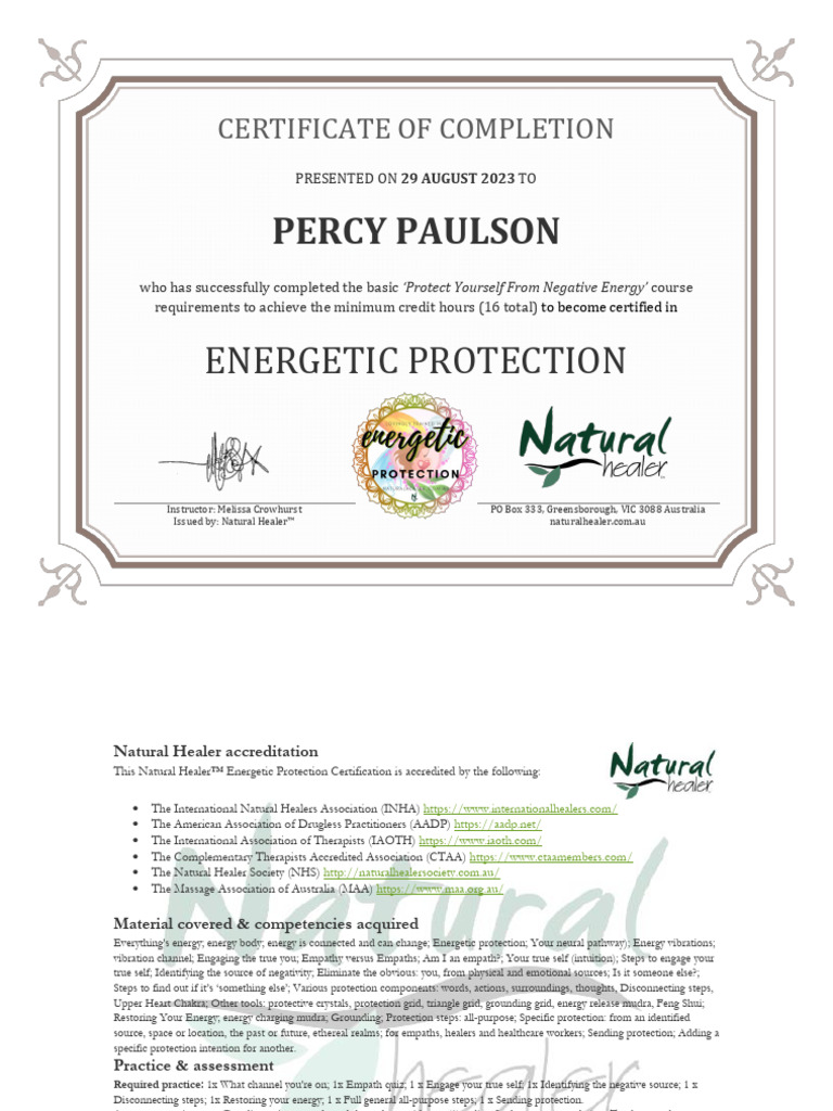 Energetic Protection Completion Certificate - Percy Paulson | PDF ...