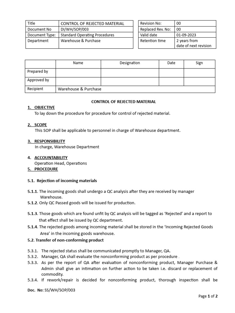 Control of rejected material | PDF