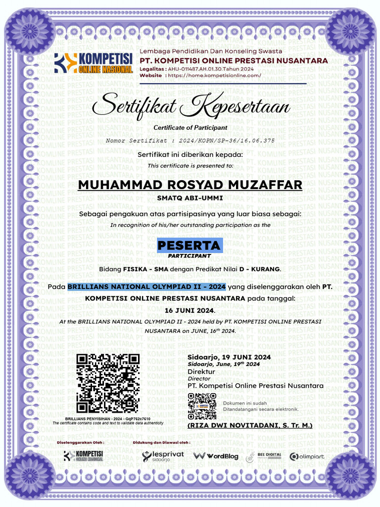 Salinan 375 - Muhammad Rosyad Muzaffar - Penyisihan Brillians Olympiad 2 - Fisika - Sma - Smatq ...