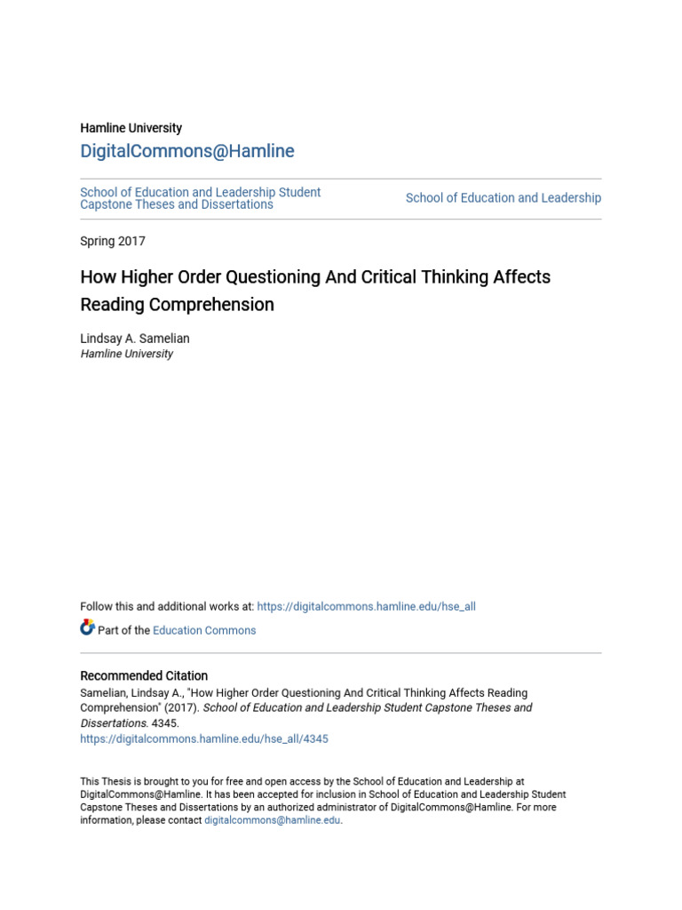 Higher Order Questioning & Reading Comprehension | PDF | Reading ...