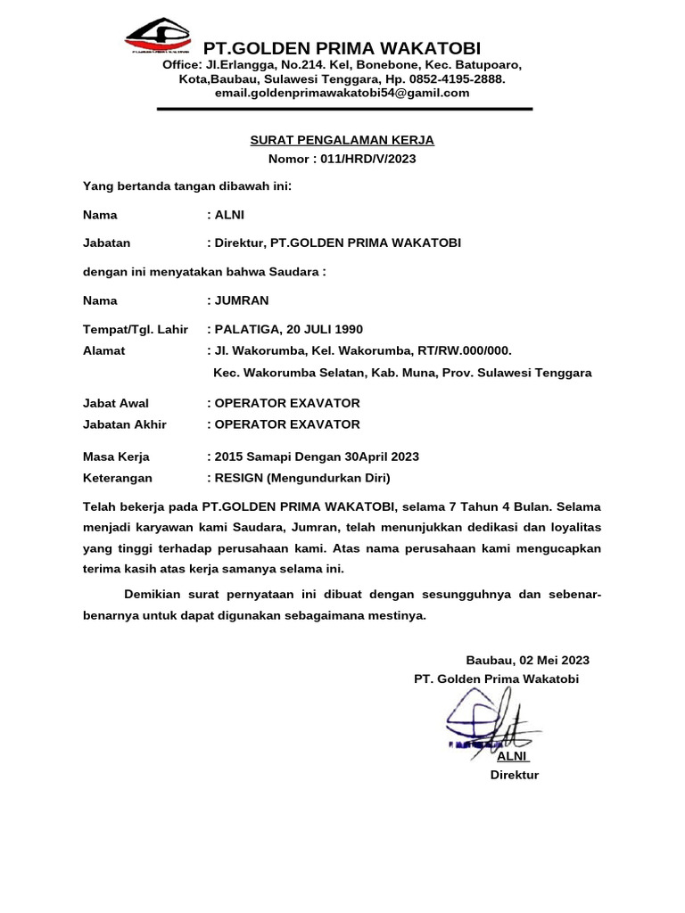 Surat Pengalaman Kerja | PDF
