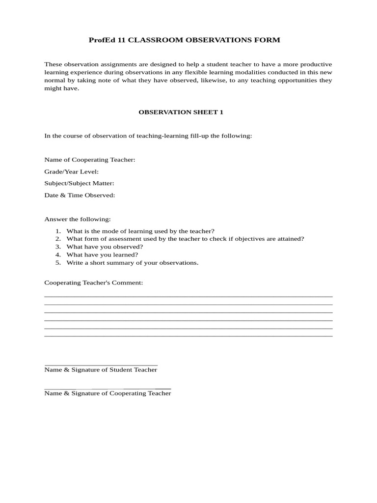 ProfEd 11 CLASSROOM OBSERVATIONS FORM | PDF