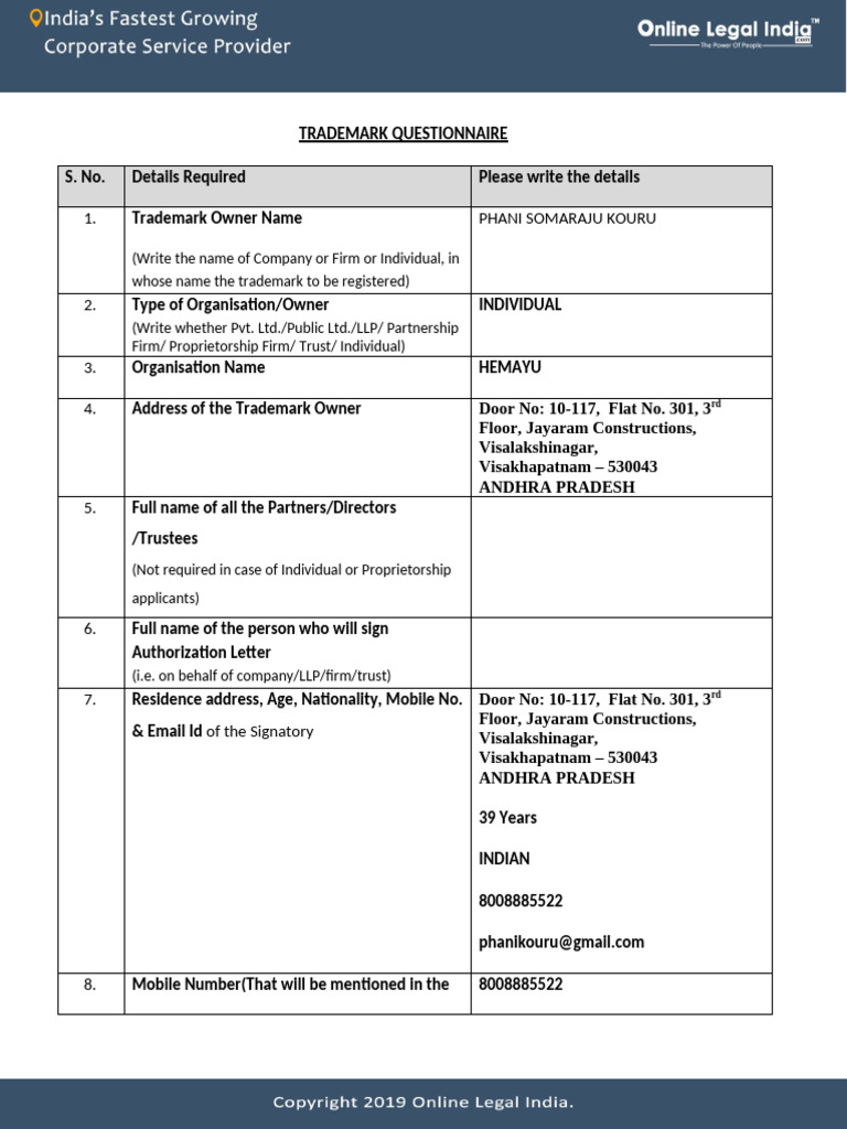 2491 - Blank TM Questionnaire (11) 1 | PDF | Trademark