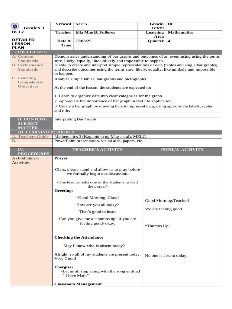 Grade 3 Bar Graph Lesson Plan | PDF | Data | Cognition