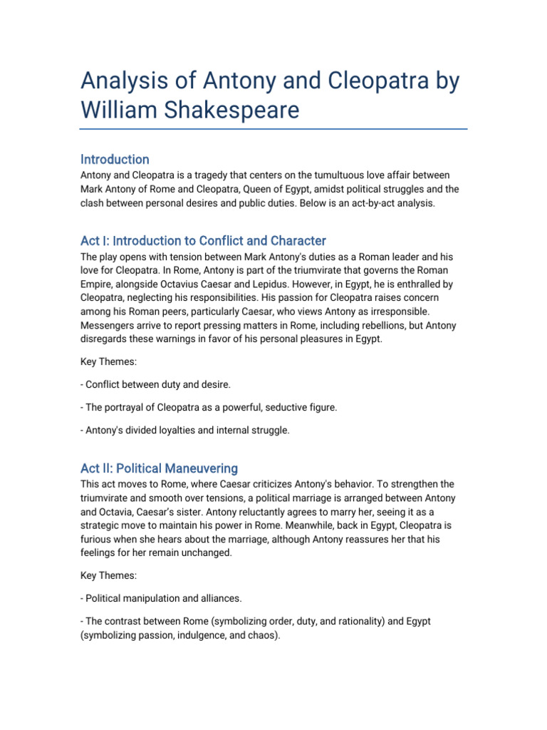 3506 - Analysis of The Play ANTHONY AND CLEOPATRA Acts by Act | PDF | Mark Antony | Cleopatra