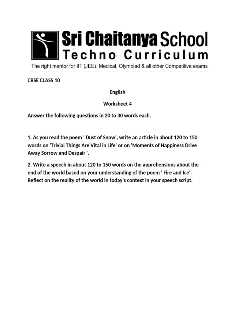 CBSE CLASS 10 English Worksheet 4.doc - Dust of Snow - Fireice ...