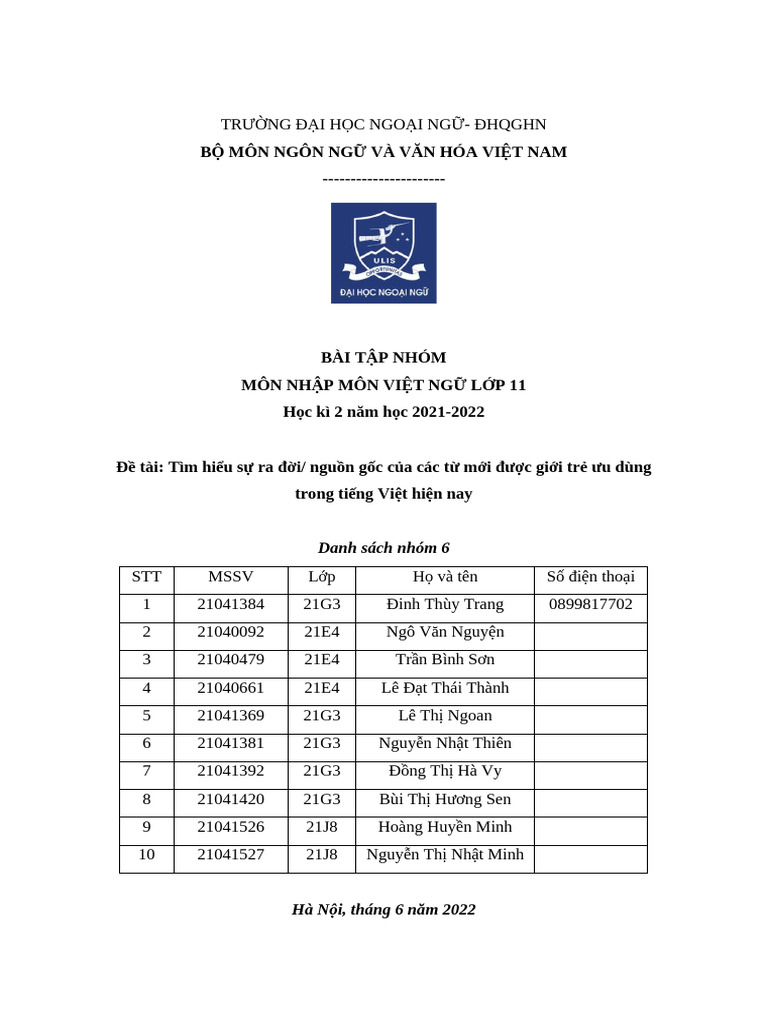 BÀI TẬP NHÓM 6 NMVN LỚP 11 - 1 | PDF