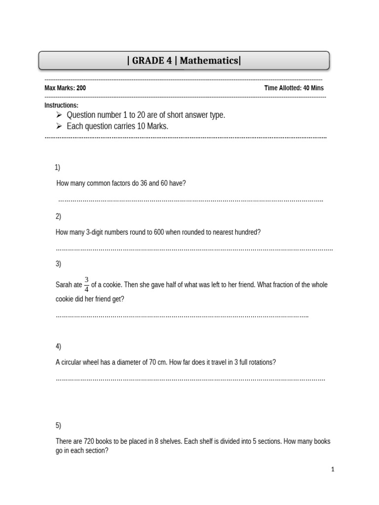 Grade 4 Math Short Answer Questions | PDF