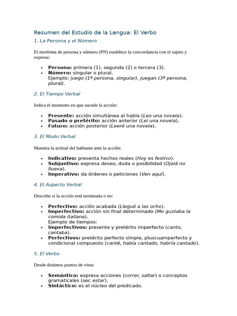 Resumen Del Estudio de La Lengua: El Verbo | PDF | Verbo | Numero ...