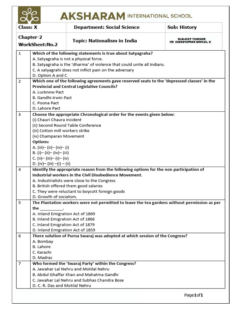 H-WS - No2. Class.X. Nationalism in India (Hist) 2024-25 Question | PDF ...