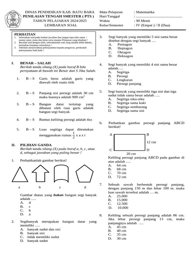 Soal PTS Kelas - 4 Smester 2 - 2024-2025 - Matematika | PDF