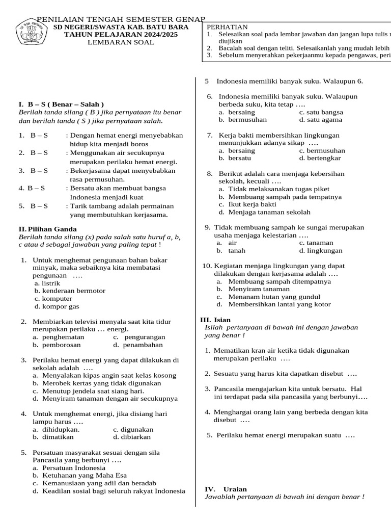 SOAL PTS Sem. II KELAS III TP.2024-2025 PKN | PDF