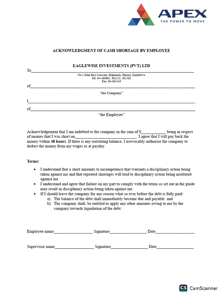 Acknowledgment of Cash Shortage Agreement | PDF