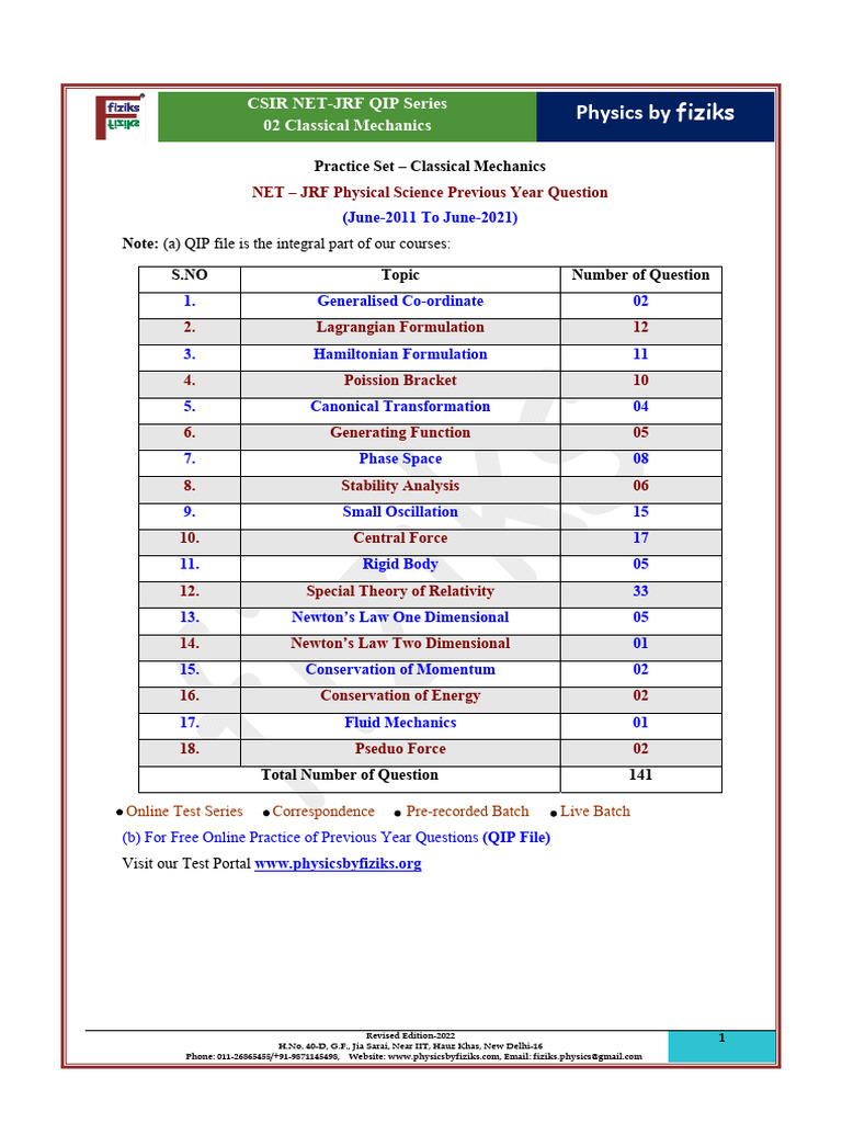 Open 2. Classical Mechanics NET (1) 2 | PDF | Hamiltonian Mechanics ...