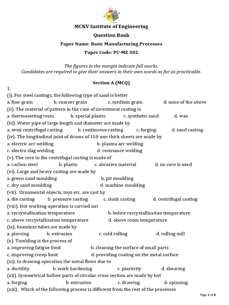 Basic Manufacturing Processes Question Bank | PDF | Extrusion ...