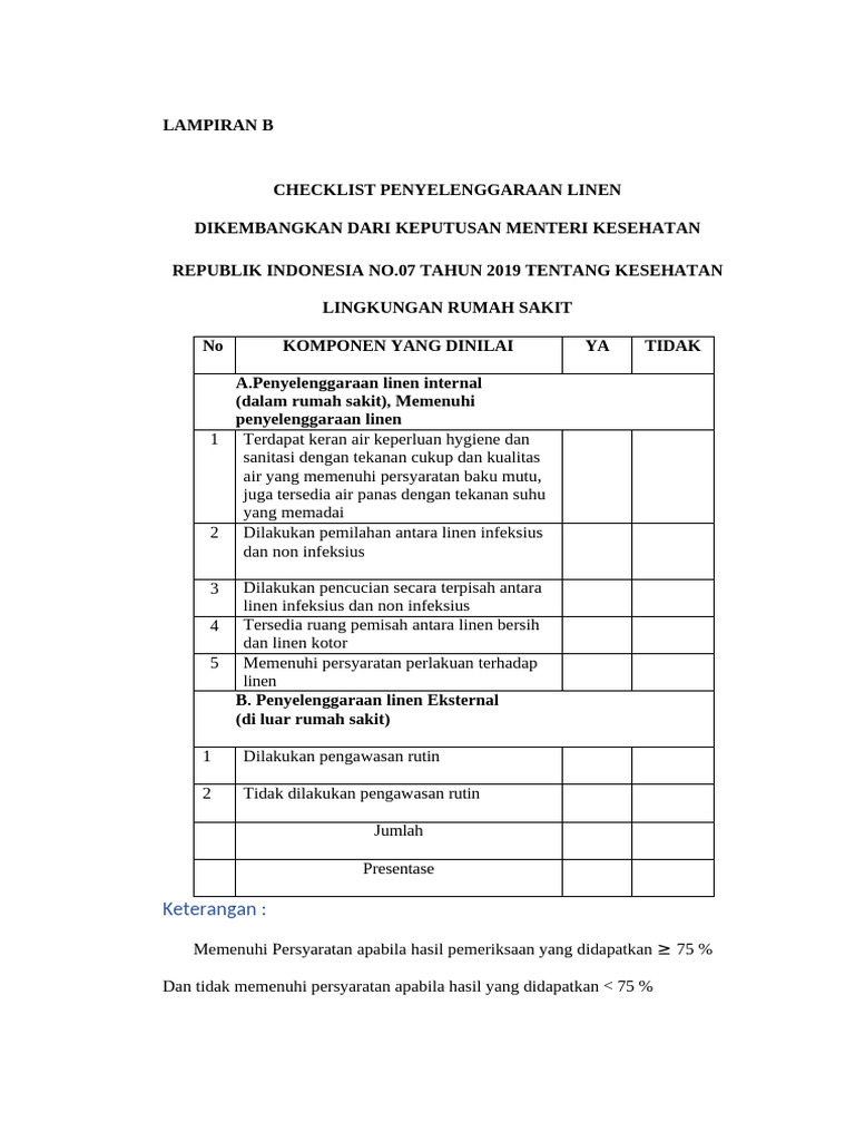Checklist Penyelenggaraan Linen Dikembangkan Dari Keputusan Menteri ...