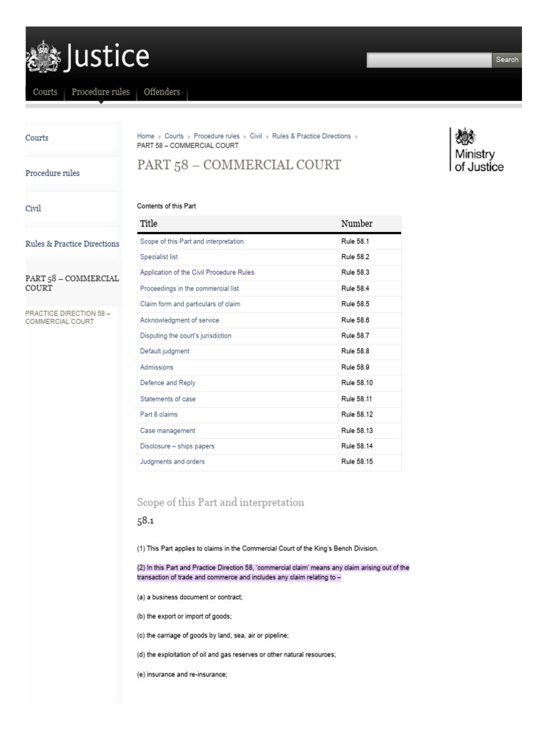 PART 58 - COMMERCIAL COURT - Civil Procedure Rules | PDF | Default ...