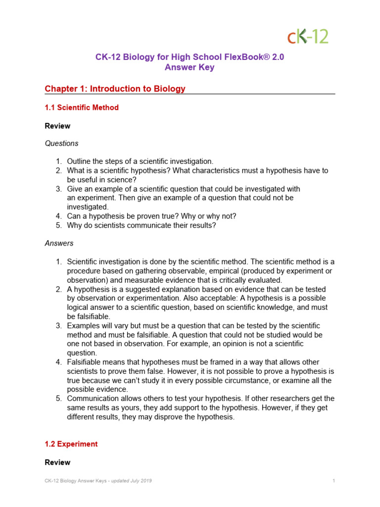 CK-12 Biology High School Answer Key | PDF | Carbohydrates | Hypothesis
