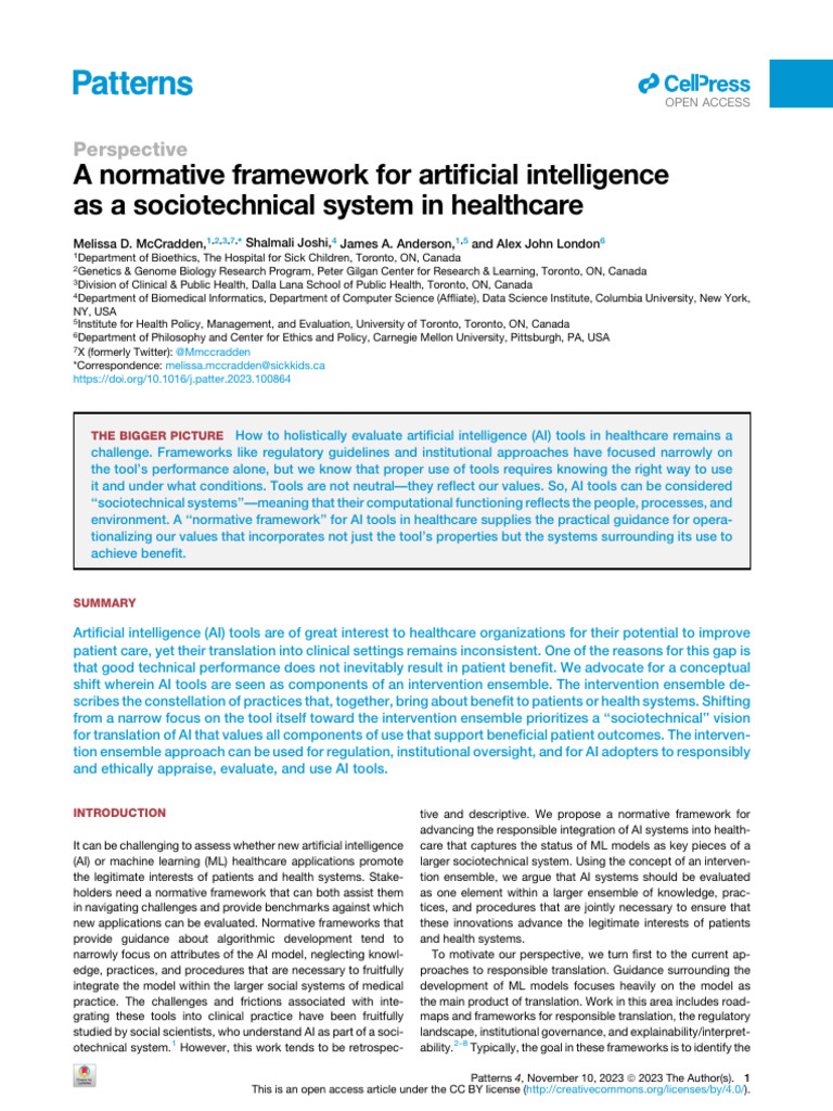 A Normative Framework For Artificial Intelligence As A Sociotechnical System in Healthcare | PDF ...