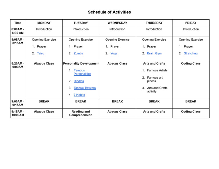 Schedule of Activities | PDF