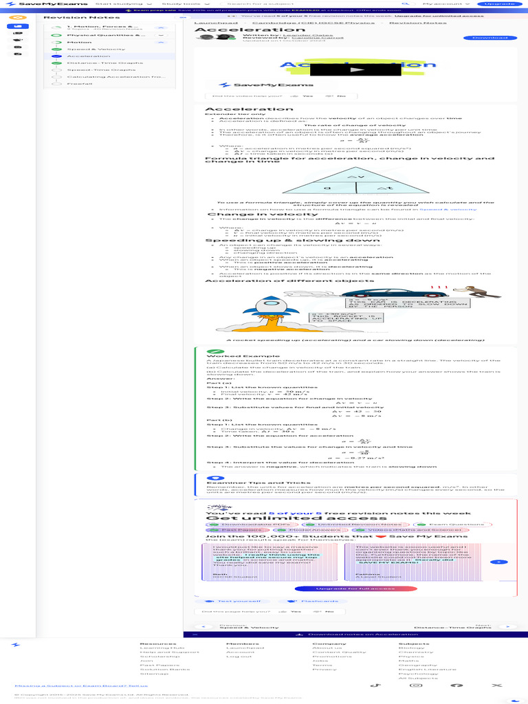Acceleration - IGCSE Physics Revision Notes | PDF | Acceleration | Velocity