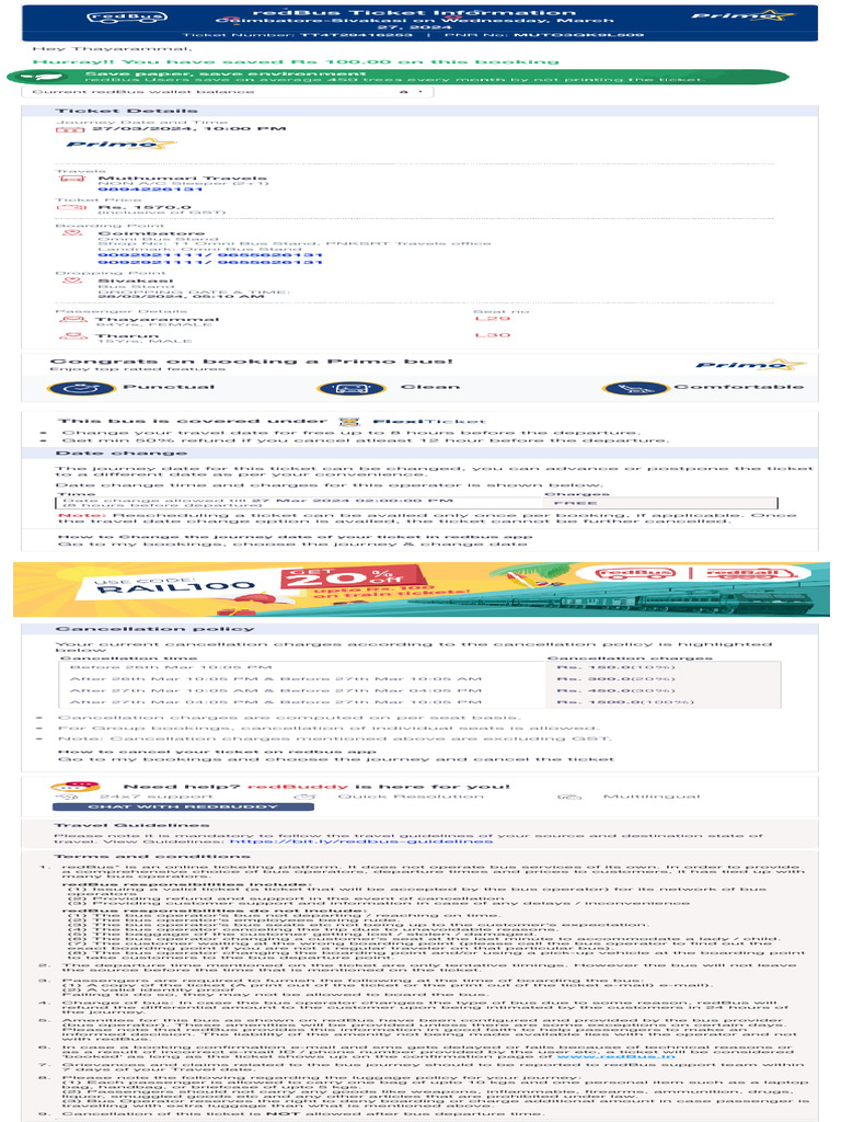 Redbus Ticket Information: Congrats On Booking A Primo Bus! | PDF