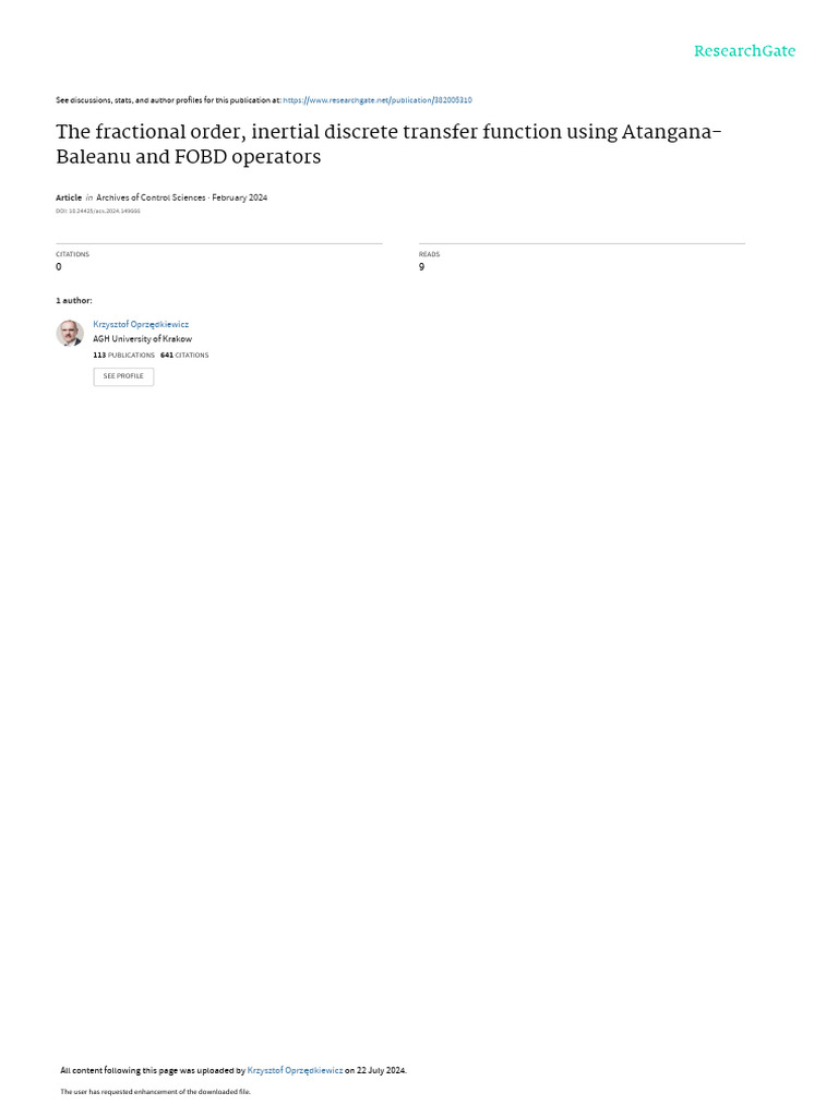 The Fractional Order, Inertial Discrete Transfer Function | PDF | Mathematical Objects | Mathematics