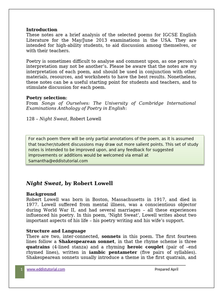 CIE Poem Night Sweat by Robert Lowell | PDF | Sonnets | Poetry