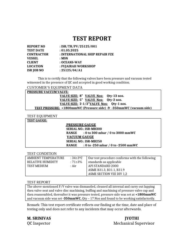 PV Valve Test Report | PDF
