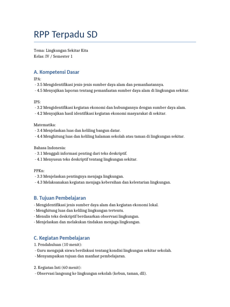 RPP Terpadu Tema Lingkungan | PDF