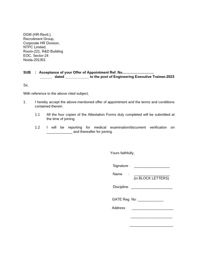 NTPC Engineering Trainee Acceptance Letter | PDF